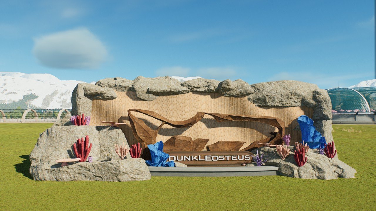 Dunkleosteus exhibit sign - Workshop - Jurassic World Evolution 3