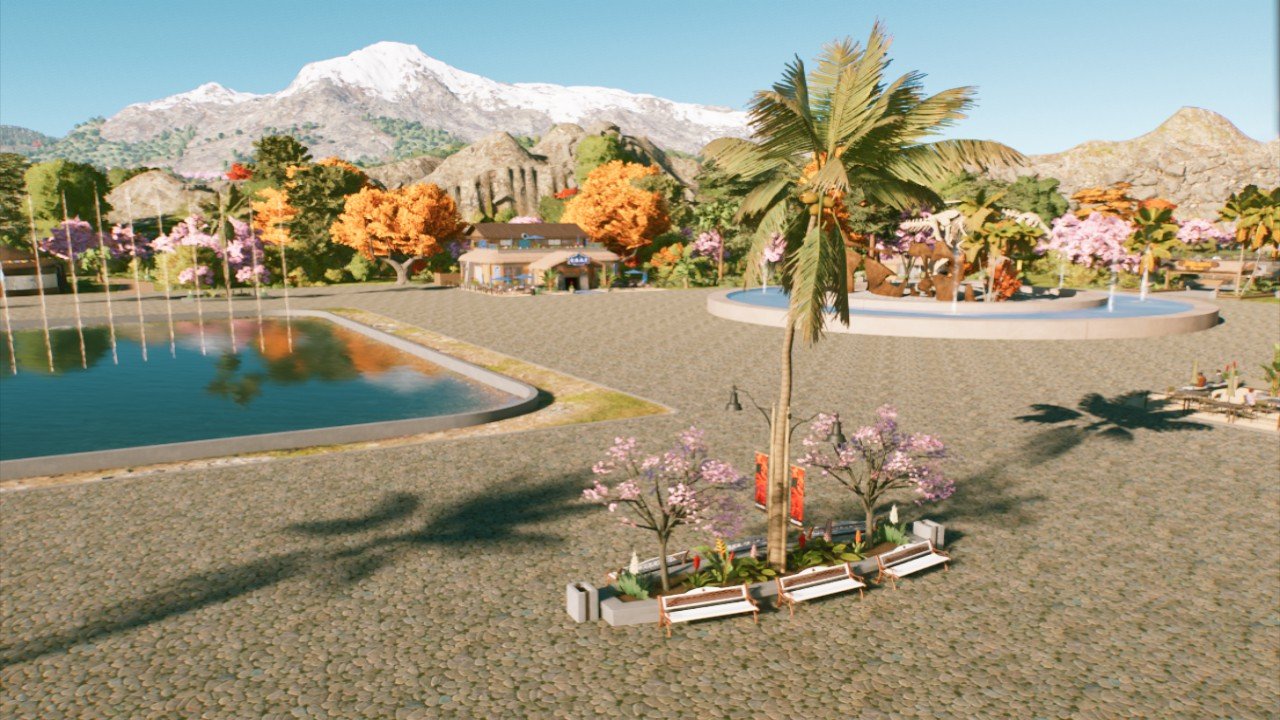 Long Concrete Palm & Cherry Planter with lights, benches, bins ...